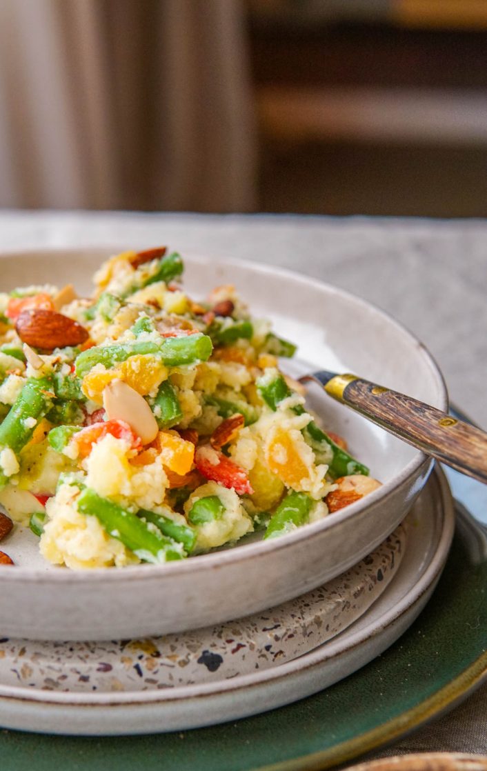 Stamppot met sperziebonen, appel en gedroogde abrikozen