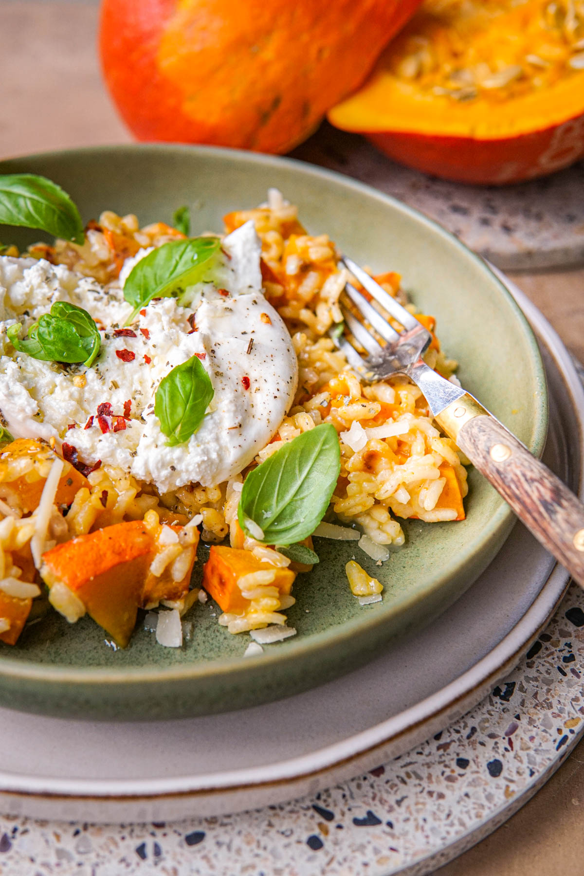 Vegetarische pompoen risotto met burrata